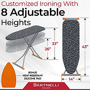 Bartnelli Ironing Board | Space-Saving and Ultimate Iron Board Experience 13x43 | Reinforced Steel Legs, Adjustable Height, 4-Layer Padding, Patent Folding System (BIBT-2110)