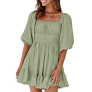 Dokotoo Beach Vacation Essentials Shirred Elastic Waist Square Neck Summer Dress for Women Tie Back Long Lantern Sleeve Ruffle A-Line Sexy Dress Casual Mini Dress Light Green Medium