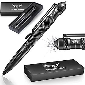 TF TAKEFLIGHT Tactical Pen Multitool, Diamond Thread Grip, Strong Rugged Aircraft Grade Aluminum EDC Survival Gear, Pocket Military Style Writing Glass Breaker for Men, Ideal Gift for Dad, Black…