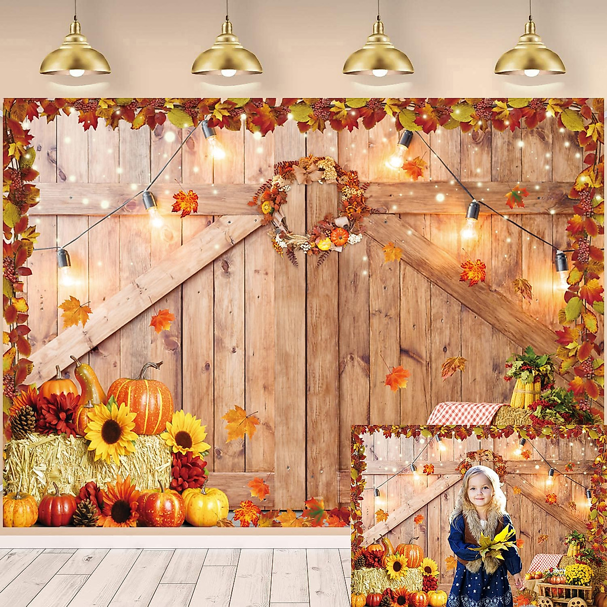 Fall Harvest Barn Backdrop Autumn Thanksgiving Wooden Farm Door Photography Background Rustic Pumpkin Maple Leaves Baby Shower Birthday Party Decorations Supplies 7x5FT