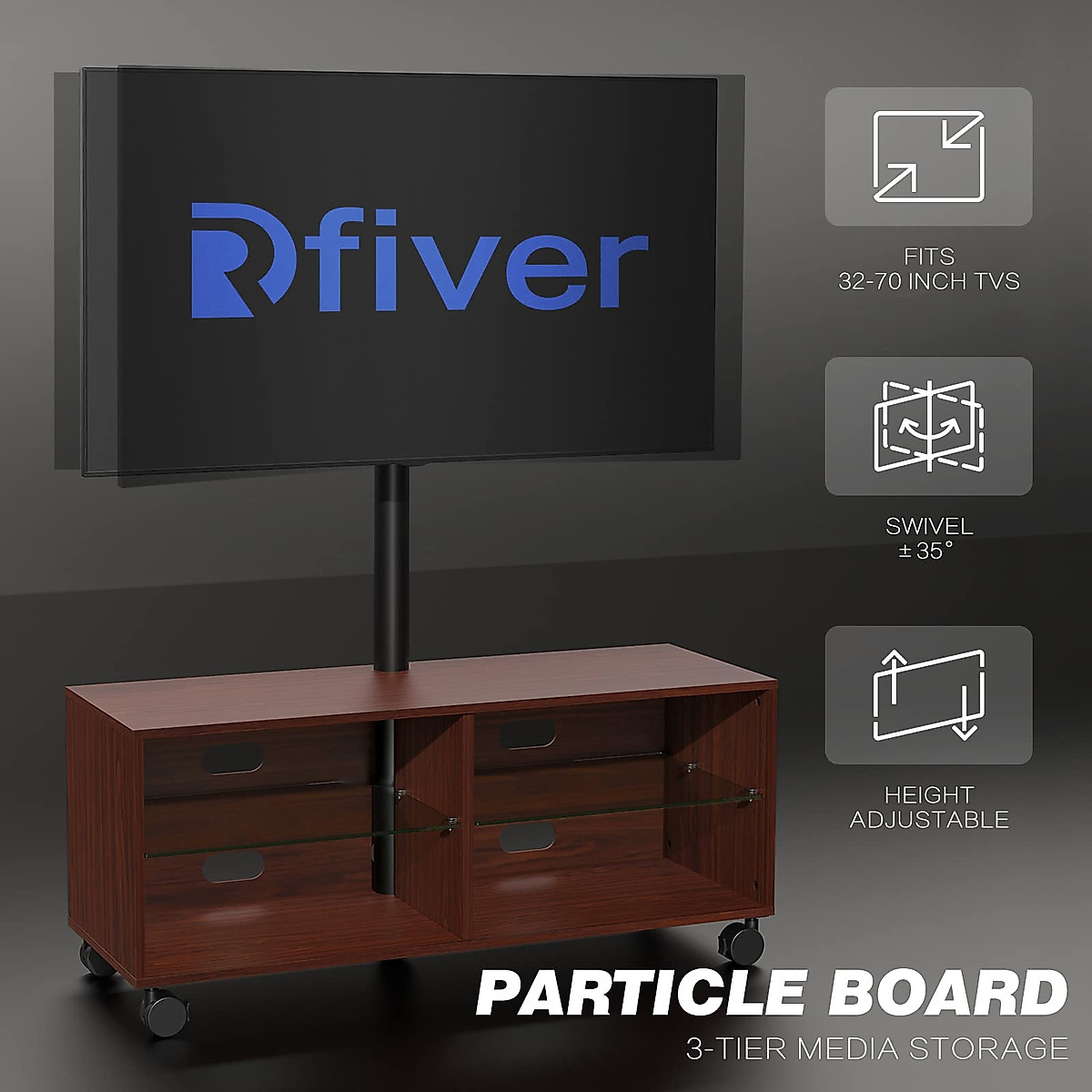 Rfiver Swivel Wood TV Stand on Wheels with Mount for 32-70 Inch Flat Screen TVs, Rolling Entertainment Center with 4-Shelf Storage for Media Console, Universal Floor TV Stand Cabinet for Home, Walnut