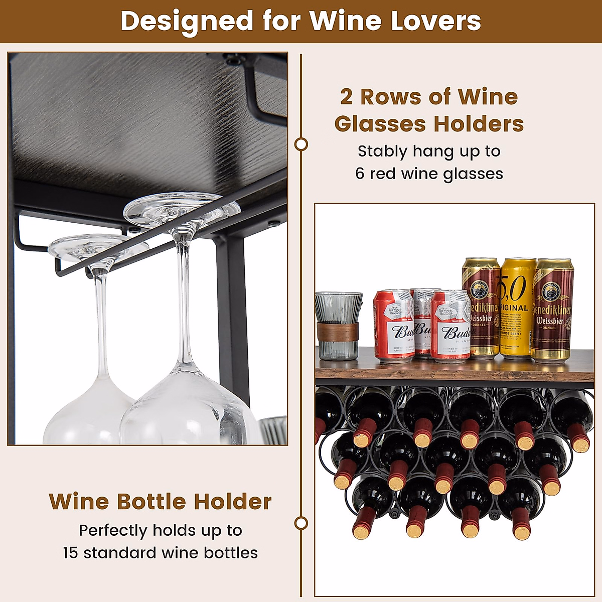 COSTWAY Wine Bar Cabinet, 3-Tier Home Mini Bar for Liquor w/Power Outlets, Glass Holder, Wine Rack, Anti-Tipping Kit, Metal Coffee Bar Table for Home Apartment Kitchen Living Room Pub (Black & Grey)