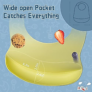 Himirt silicone baby bib and silicone baby spoon set, soft adjustable waterproof bib for babies and toddlers, with pockets to catch food. (1 yellow bib, 1 spoon)