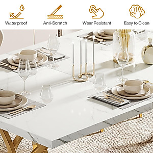 Tribesigns Modern Dining Table for 4-6 People, 63" Large Rectangular Kitchen Table with Faux Marble Tabletop and Gold Geometric Legs, Unique Dinner Table Kitchen & Dining Room Furniture, White & Gold