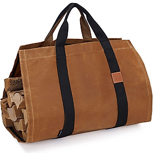 INNO STAGE Firewood Log Carrier Tote Bag with Super Strong Double Straps for Reinforce, 16oz Waxed Canvas Heavy Duty & Long Lasting for Wood Hay Hauling for Fireplace or Outdoor Camping-Rust Color