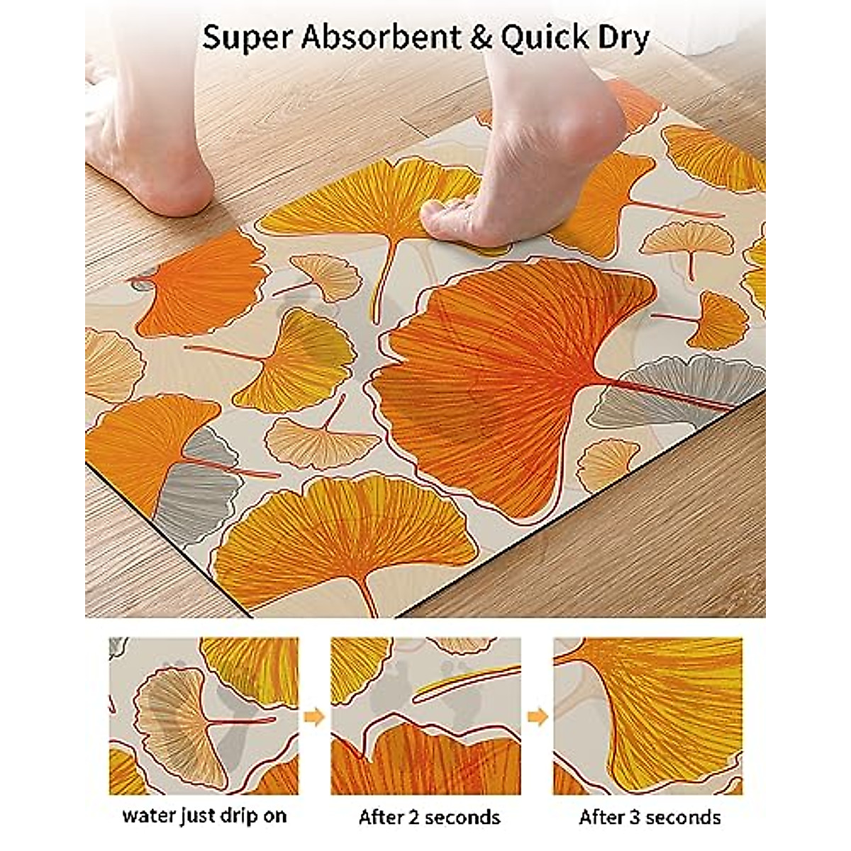 Fall Leaves Bath Mat for Tub,Non Slip Bathroom Floor Runner Rug Quick Dry & Absorbent Diatomaceous Earth Kitchen Room Shower Sink Washable Doormat,Retro Middle Century Orange Yellow Leaf 18"x30"