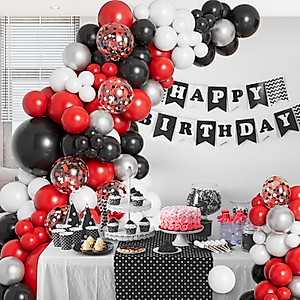 DBKL Red Black and White Balloon Garland Arch Kit with Different Size Red Black White Silver Confetti Balloons for Shower Birthday New Year Graduation Wedding Racing Car Poker Party Decorations
