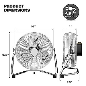 mollie 14 Inch High Velocity Fan Heavy Duty Metal Garage Floor Fan with 3 Speed Adjustable Tilt Portable Quiet Air Circulator for Home Bedroom Commercial Use 1243 CFM