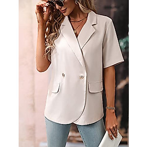 SweatyRocks Women's Casual Lapel Neck Pocket Blazer Short Sleeve Button Down Work Office Blazer Jacket Apricot S