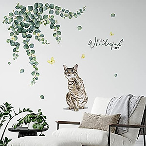 Yovkky Cat Wall Decals Stickers, Eucalyptus Leaves Kitty Kitten Greenery Neutral Nursery Decor, It's a Wonderful Life Quote Spring Kids Room Home Decorations Bedroom Art