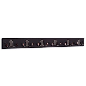 BIRDROCK HOME Dual Hook Coat and Hat Rack - 6 Dual Hooks - 27 Inches - Wall Mount - Decorative Home Storage - Entryway Foyer Hallway Bathroom Bedroom Rail - Oil Rubbed Bronze Hooks - Dark Brown Pine