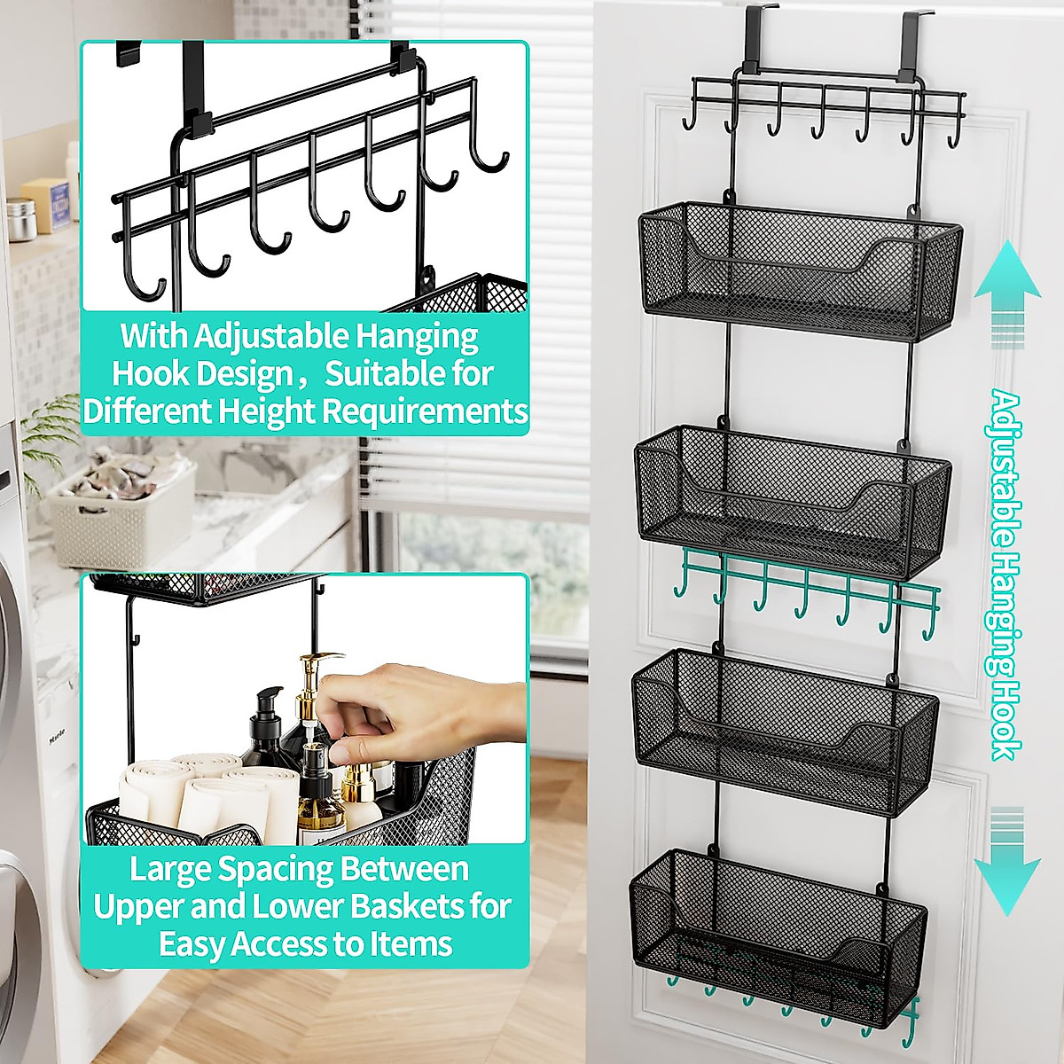 HapiRm Over The Door Organizer - Hanging Door Organizer with 4 Metal Large Capacity Baskets and Adjustable Coat Hook, Behind Door Storage for Bathroom Bedroom Kitchen Pantry Closet Cabinet