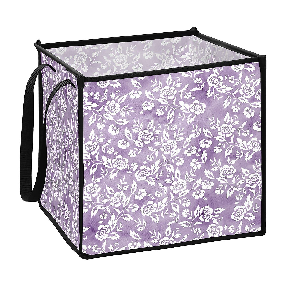 XIOMARA Foldable Storage Bins,Purple Pattern White Flowers Storage Baskets Cubes with Handles for Closet Nursery Office Grey and Black Trim (10.63x10.63x10.63in)