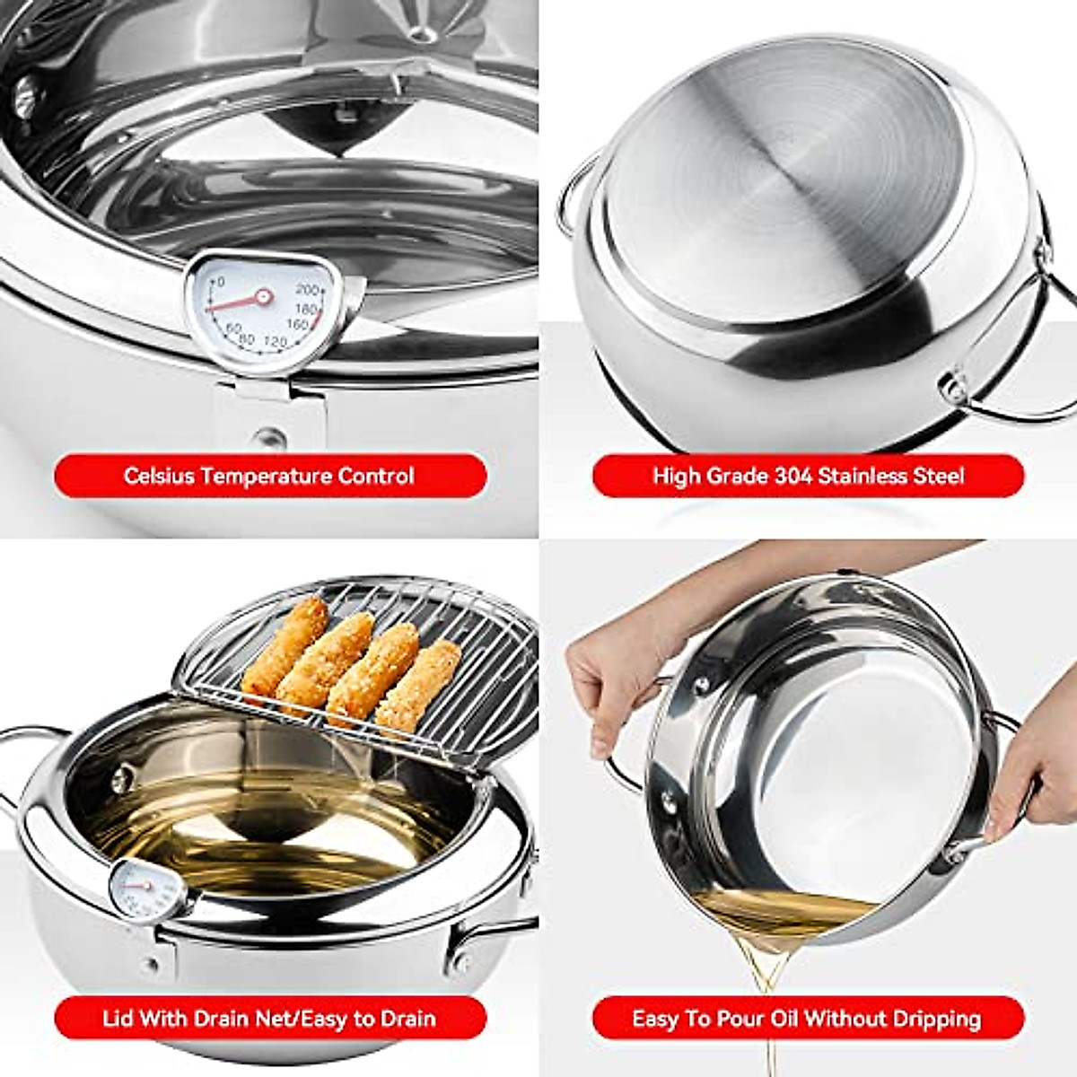 Kerilyn Deep Fryer Pot, 11 Inch/4.2 L Janpanese Style Tempura Frying Pot with Lid, 304 Stainless Steel with Temperature Control and Oil Drip Drainer Rack, for Kitchen French Fries, Chicken etc