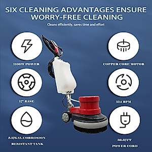 WYDDDARY 1100W Red Floor Polisher Commercial Floor Cleaner Polishing Machine Carpet Buffer Scrubber with 3gal Water Tank and 17" Base 154Rpm AC110V