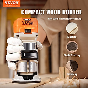 VEVOR Wood Router, 1.25HP 800W, Compact Wood Trimmer Router Tool, 30000RPM Max Speed 6 Variable Speeds, with 1/4'' & 5/16'' Collets 12 PCs Milling Cutters Dust Hood, for Woodworking Slotting Trimming