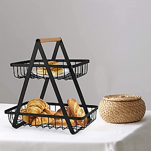 2 Tier Fruit Storage Basket Countertop for Kitchen, Rectangle Fruit Bread Wire Basket Vegetable Fruit Basket Bowl Stand Holder with Wooden Handle(Black)
