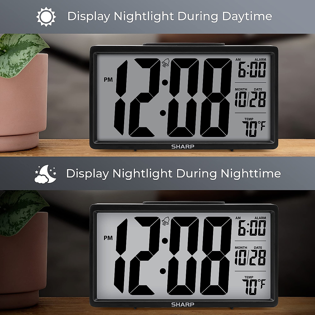 SHARP Alarm Clock with Easy to Read 2.8'' Jumbo Screen with Indoor Temperature, Nightlight, Calendar, Battery Operated Digital Clock for Bedrooms or Travel, Black (SPC5026AMZ)