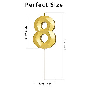 Number Birthday Candles(8 Candle Gold) 3D Diamond Shape Number Happy Birthday Cake Candles for Birthday Party Wedding Decoration Reunions Theme Party
