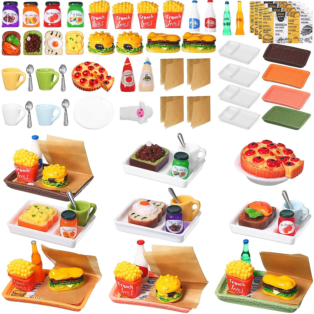 50 Pieces Dollhouse Miniature Fast Food Accessories Set Mixed Resin Food Drink Mini Hamburger Fries Juice Milk Bread Jam Cup Doll Kitchen Pretend Play Food for 1:12 Dollhouse and Cake Toppers Decor
