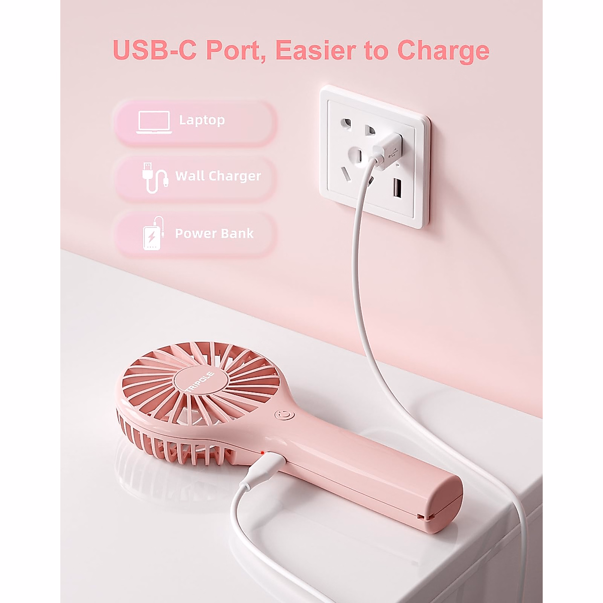 TriPole Portable Fan Handheld Fan Mini Personal Fan 3 Speeds, Powerful Little Battery Hand Held Fan for Travel Trip Outdoor Concerts, Cute Small Rechargeable Lash Fan for Makeup Skincare Drying, Pink