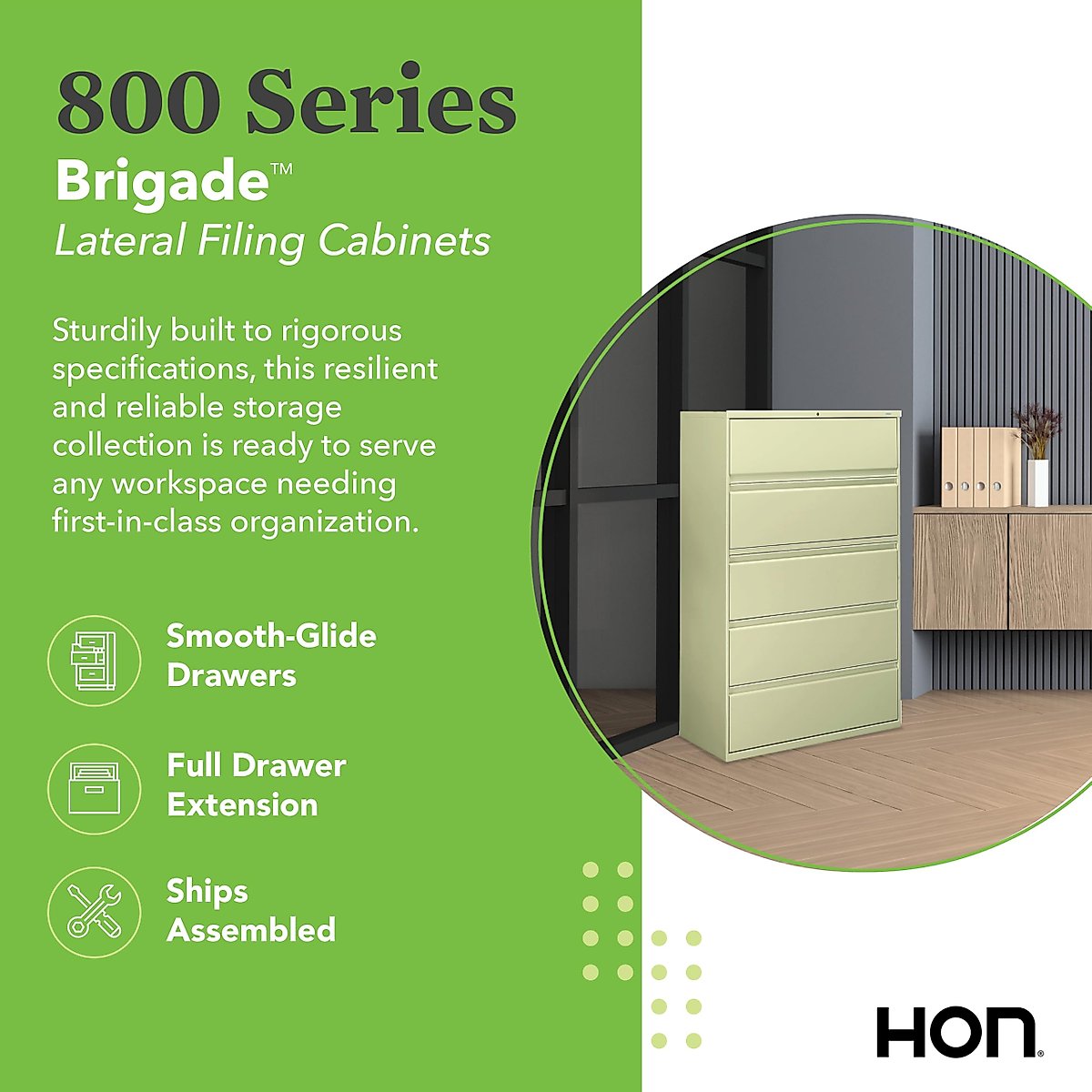 HON 5 Drawer File Cabinet with Lock - 800 Series Lateral Office Storage Cabinet Locking Metal Filing Cabinet with Drawers 42"W x 18"D - Adjustable Hangrails for A4, legal, Letter Files - Putty