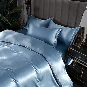 Feelyou Light Blue Silk Like Satin Bedding Set Queen Women Duvet Cover Set Luxury Soft Comforter Cover Adults Bedroom Decor Chic Luxurious Silky Bedspread Cover Zipper (1 Duvet Cover + 2 Pillow Case)