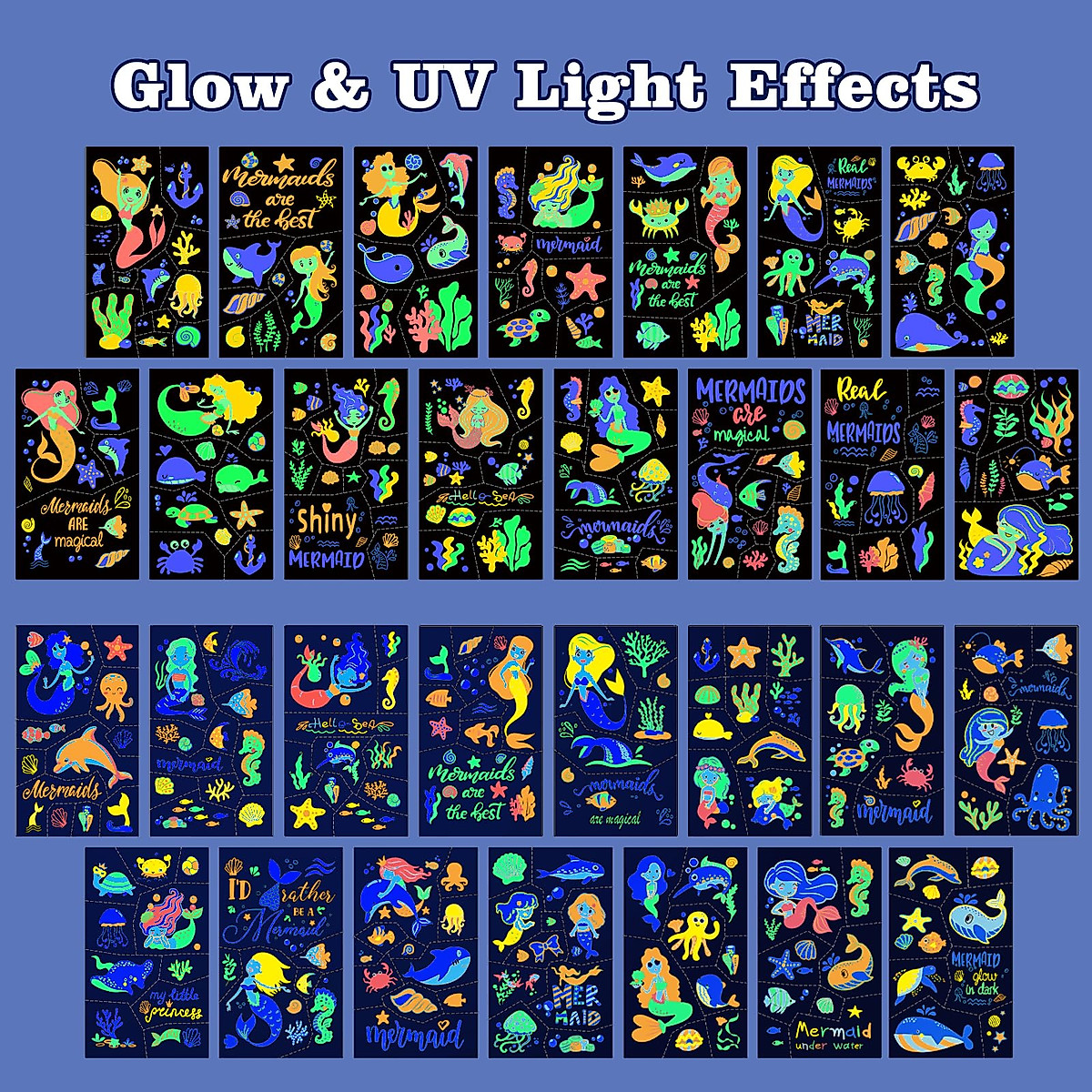 Mermaid Glow in the Dark Tattoos for Kids, 300+ Designs UV Neon Fake Temporary Tattoo, Ocean Creatures & Animal, Latest 6 Luminous Colors Stickers Party Supplies