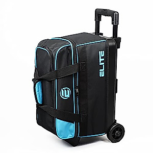 Elite Basic Double Roller 2 Ball Bowling Bag with Wheels | Large Top Pocket for Accessories or Bowling Shoes up to size 15 | Retractable Handle Extends to 37" (Aqua)