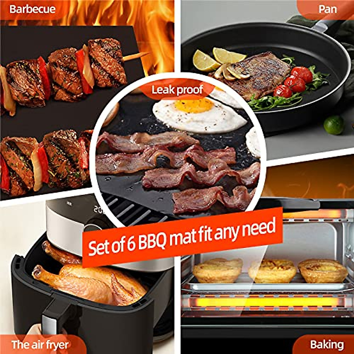 ITZH Grill BBQ Mat 6 Set Heavy Duty, Non-Stick, Heat Resistant and BPA-Free Reusable Grill Mats Supplied with Cleaning Brush and Bottle Opener