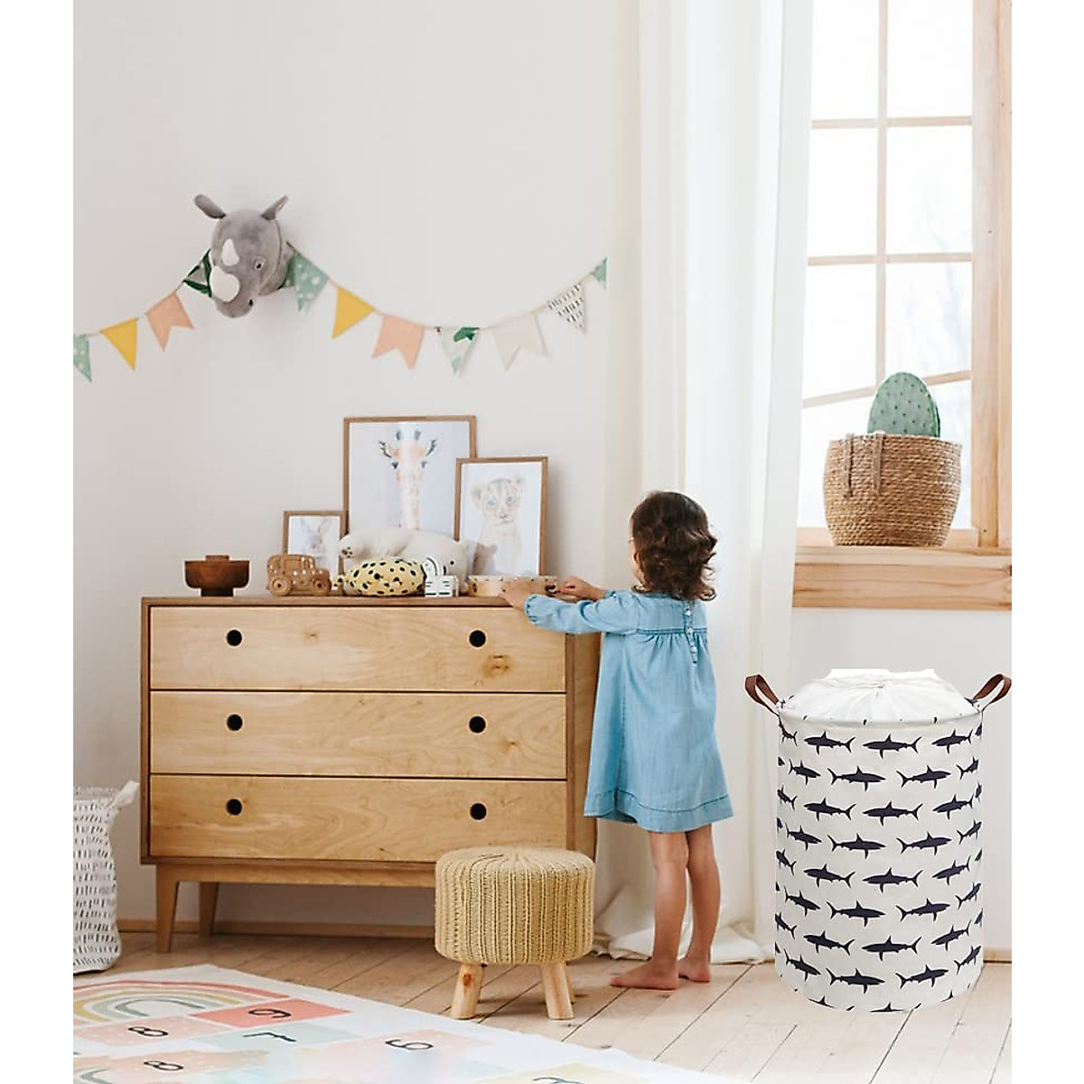 Sanjiaofen Kids Laundry Hamper,Canvas Shark Hamper Collapsible Boys Storage Basket Waterproof Toy Organizer Bin for Room Decor,Bedroom, Toys Bins,Clothes Hamper(Sharks)