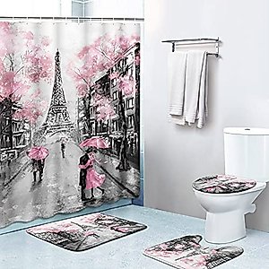 Britimes 4 Piece Shower Curtain Sets, with 12 Hooks, Oil Painting Pink Gray Paris with Non-Slip Rugs, Toilet Lid Cover and Bath Mat, Durable and Waterproof, for Bathroom Decor Set, 72" x 72"
