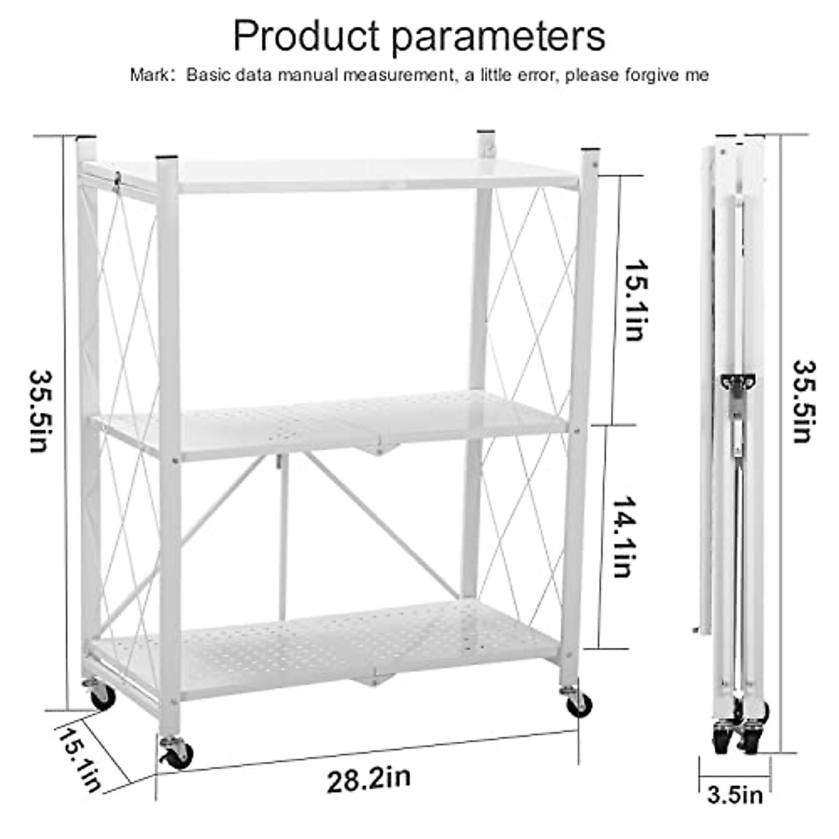 nisboigr 3 Tier Storage Shelves,Folding Storage Shelf with Wheels,Heavy Duty Metal Shelf,Garage Storage Shelf,Metal Rack,White