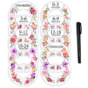 NEUTA 10x (Floral) Baby Closet Dividers with Marker - Double-Sided 0-24 Months - 2 Blank Baby Closet Size Dividers – ABS Plastic Baby Clothes Dividers for Closet - Baby Hanger Dividers…