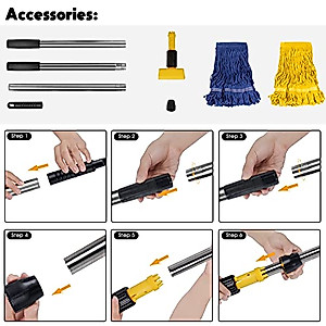 Kphico Looped-End String Mop,Heavy Duty Commercial Mop with 2 Extra Mop Heads Replacement,57 inch Stainless Steel Pole,Industrial Grade Jaw Clamp Floor Cleaning,Blue/Yellow