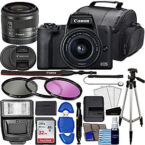 Canon EOS M50 Mark II Mirrorless Digital SLR with 15-45mm Lens Kit (Black) + 32GB Memory Card + 3 Piece Filter Kit, Tripod, Flash + Photography Bundle