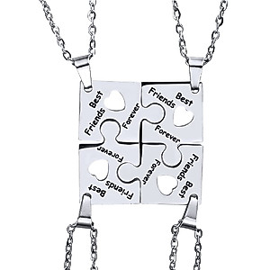 Yocoyee 4 Pcs Puzzle Best Friends Forever Necklaces Stainless Steel Engraved Heart & 3 Pcs Simple Bar Pendant Set Friendship Necklaces-4 Pcs Puzzles