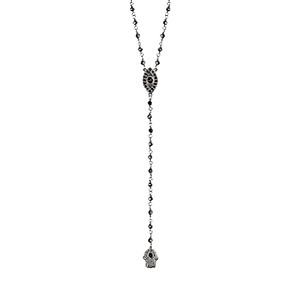KARMA AND LUCK - Stand in Strength - Women's Real Hematite Stones 925 Sterling Silver Hamsa Evil Eye Lariat Gunmetal Plated 15" Rosary Necklace Handmade with Love in Bali