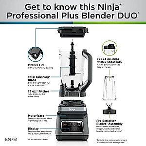 Ninja BN751 Professional Plus DUO Bender, 1400 Peak Watts, 3 Auto-IQ Programs for Smoothies, Frozen Drinks & Nutrient Extractions, 72-oz. Total Crushing Pitcher & (2) 24 oz. To-Go Cups, Dark Grey