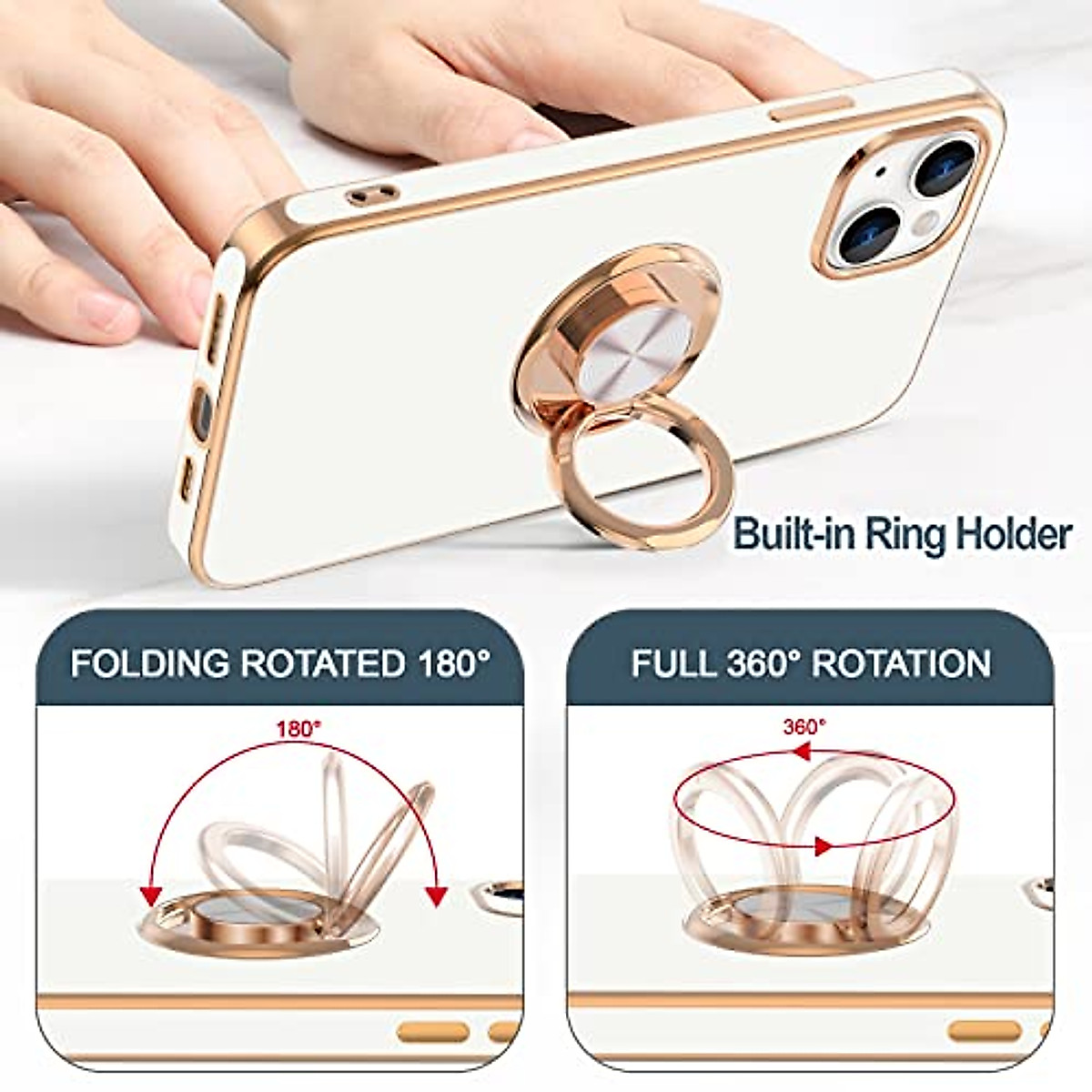 Hython Case for iPhone 14 Case with Ring Stand [360° Rotatable Ring Holder Magnetic Kickstand] [Support Car Mount] Plated Gold Edge Slim Soft TPU Luxury Shockproof Protective Phone Case Cover, White