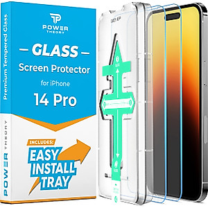 Power Theory [2 Pack Screen Protector for iPhone 14 Pro Premium Shatterproof Temptered Glass [9H Hardness], Easy Install Frame, 99.99% HD Clear, Bubble Free, Case Friendly, Anti-Scratch, Anti-Smudge