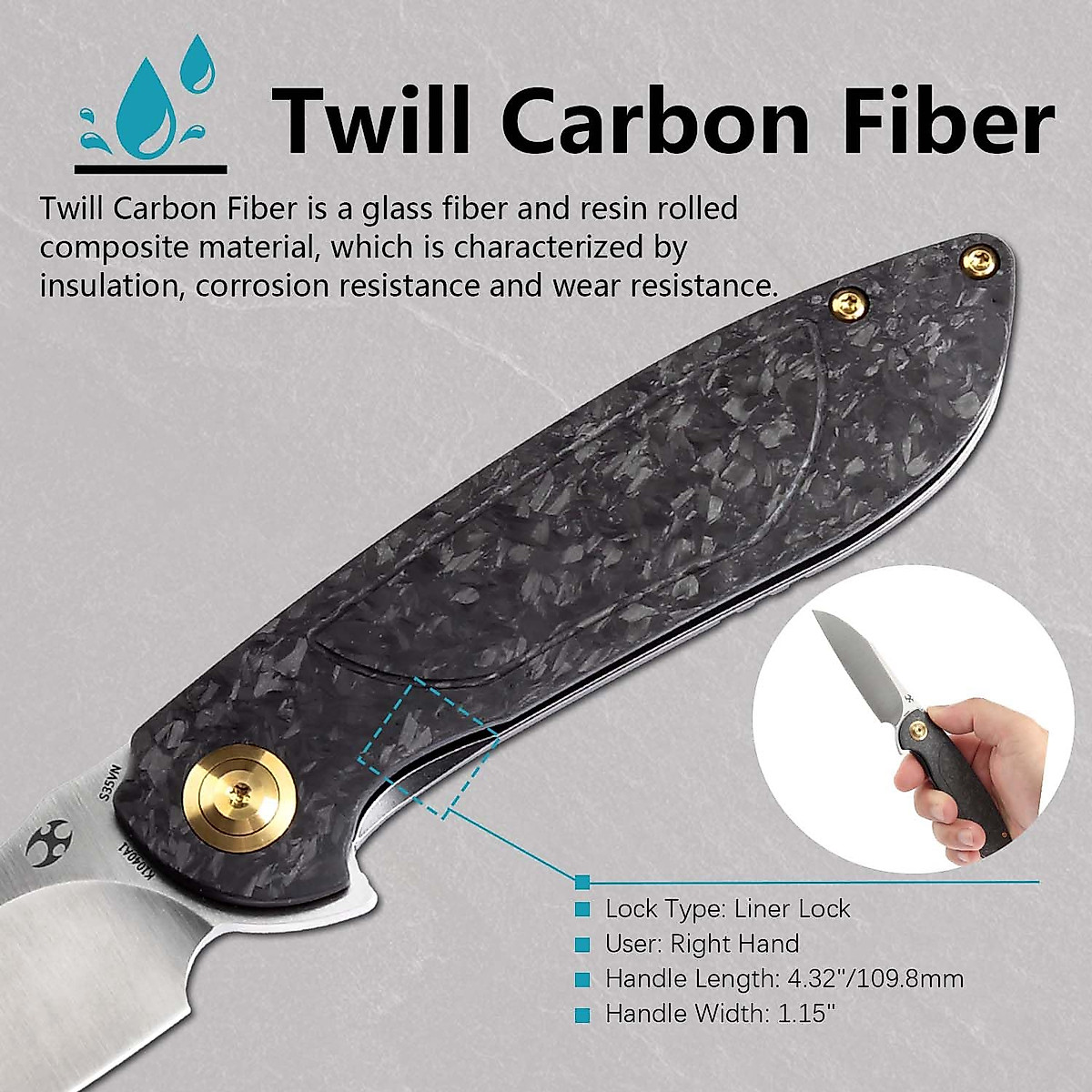 KANSEPT Prometheus Pocket Folding Knives for Men EDC Camping Folding Knife 3.29'' Satin CPM S35VN Material Pocket Folding Knife with Twill Carbon Fiber Handle Everyday Carry Folding Knife K1040A1