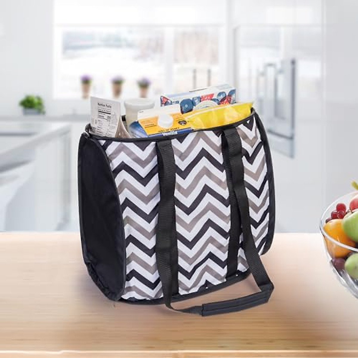 Smart Design Pop-Up Shopping Bag - Reusable - Large - Heavy Duty Polyester - Folds Flat - Supermarket, Trunk Storage - Home Organization (15 x 10 Inch) [Chevron w/Black Trim]