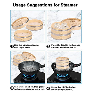Niuirt Bamboo steamer basket set 8-inch, 2-tier dumpling steamer with side handles and 50pcs paper liners for buns, dim sum, dumplings, vegetables, and seafood.