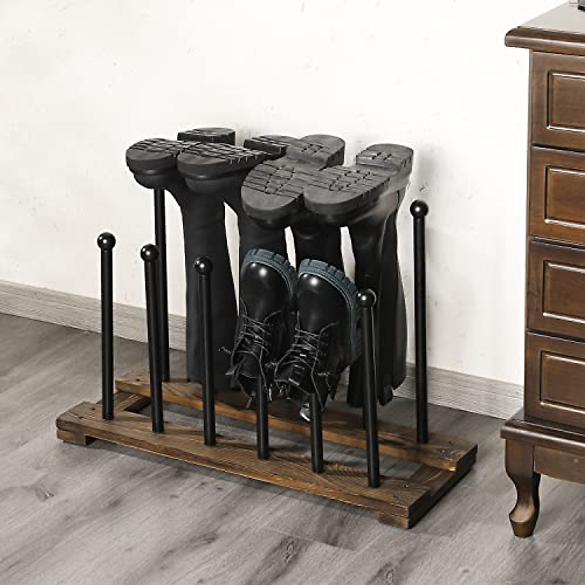MyGift Modern Entryway Black Metal Boots and Shoe Rack with Rustic Burnt Solid Wood Base, Freestanding Tall Cowboy Boots Work Boot Organizer, Holds 6 Pairs