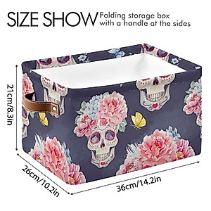 Skull Peony Flowers Storage Basket Bins Foldable Toy Baskets Organization with Handles Laundry Hamper for Living Room Clothes Nursery Closet Shelf Playroom,2 pcs