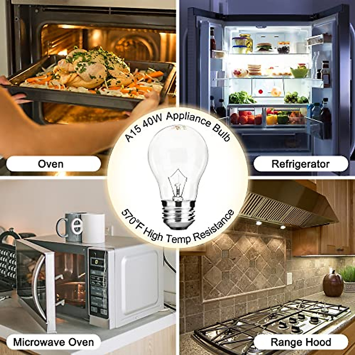 Appliance Oven Light Bulb A15 40W for Refrigerator Over Stove Range Hood Microwave Lava Lamp Replacement Bulb High Temperature Resistant E26 Medium Base 120V Warm White Pack of 4…