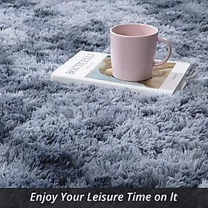 HOMBYS Shaggy Area Rug 9x12 Feet, Ultra Soft Large Plush Faux Fur Carpet, Non-Skid Bedroom Living Room Rug for Kids Playroom Home Decor, Tie Dye Grey