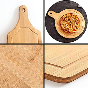 Guojanfon Bamboo Cutting Board,Meat Chopping Boards,Pizza Peel Paddle with Handle for Homemade Baking Pizza Bread Cake Fruit Vegetables (Round-Board)