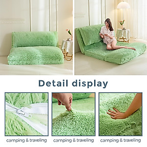 MAXYOYO Bean Bag Bed Floor Bed, Faux Fur Floor Sofa Floor Chairs for Adults, Folding Sofa Bed Foam Filling Wall Couch Sleeper Chairs Single Size Floor Mattress, Green, 30x95 Inch